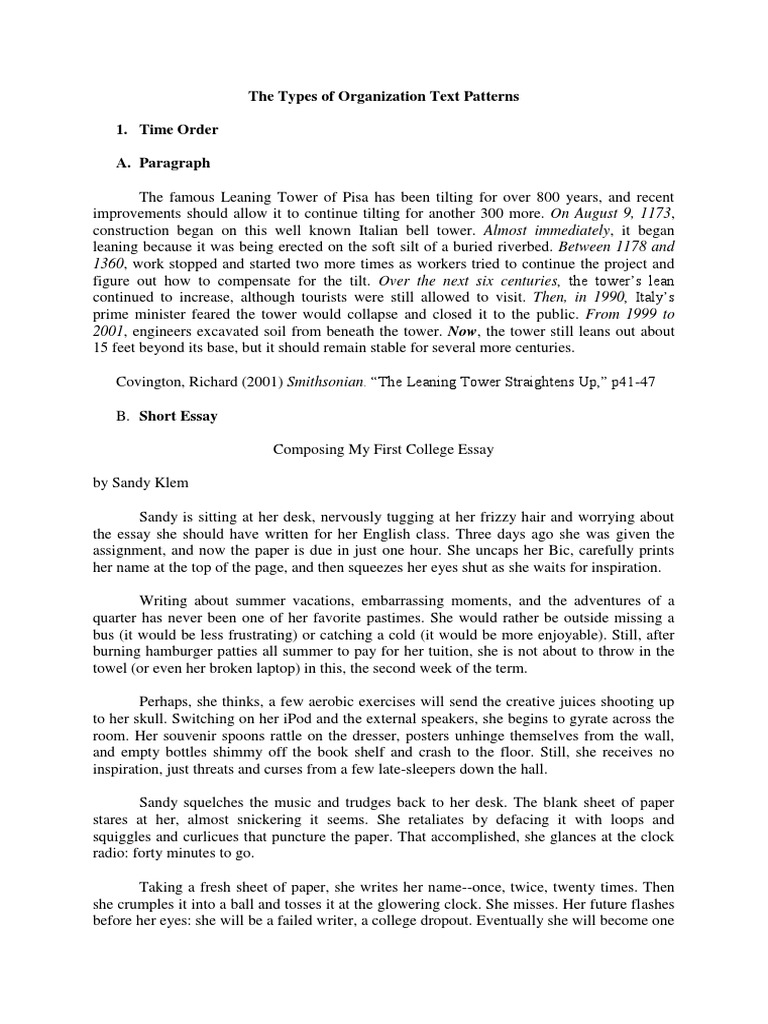 The Types of Organization Text Patterns 1. Time Order A. Paragraph ...