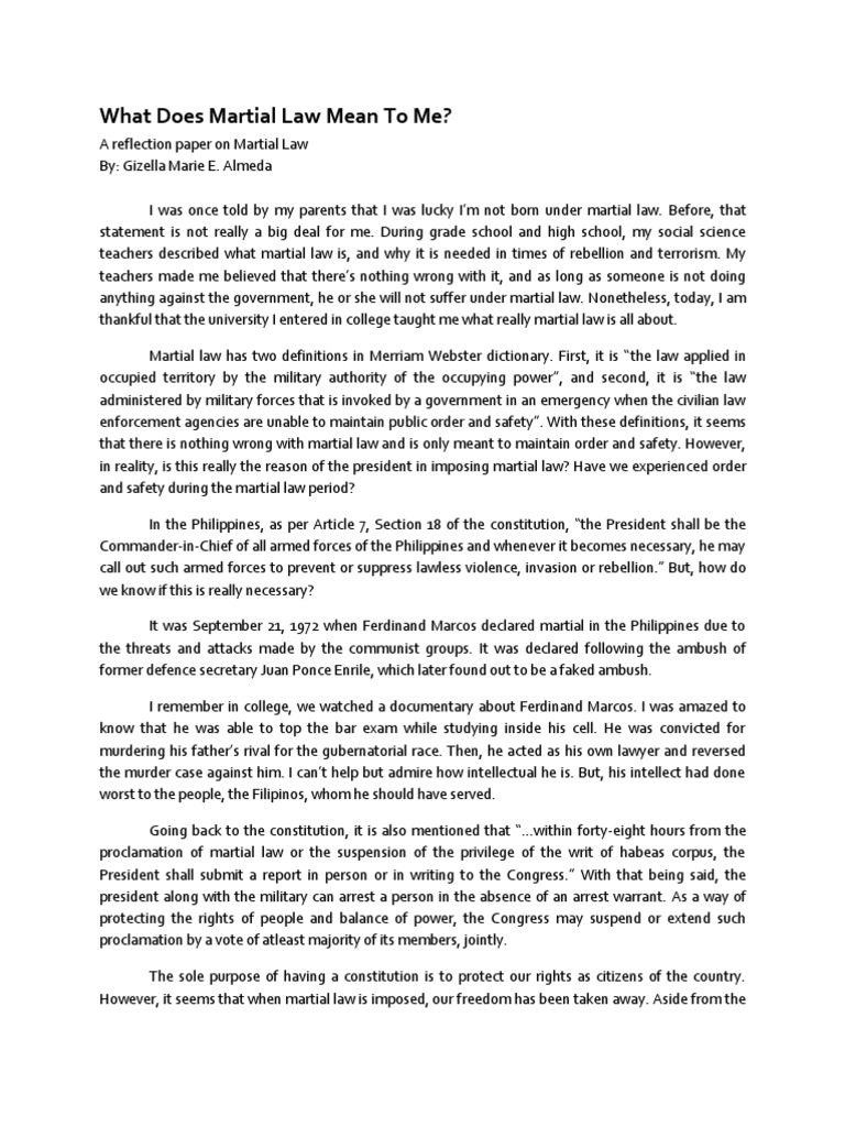 Reflection Paper Martial Law - GIZELLA ALMEDA | PDF | Rodrigo Duterte ...