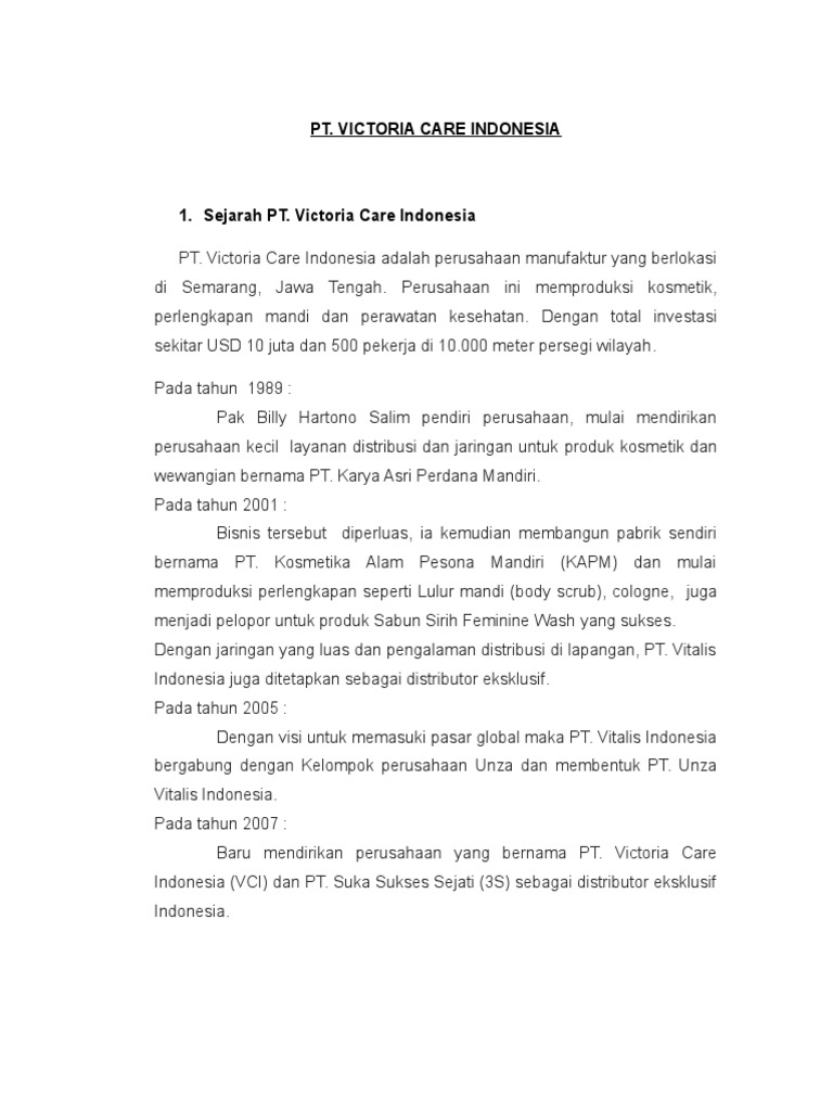 Sejarah dan Produk PT Victoria Care Indonesia | PDF