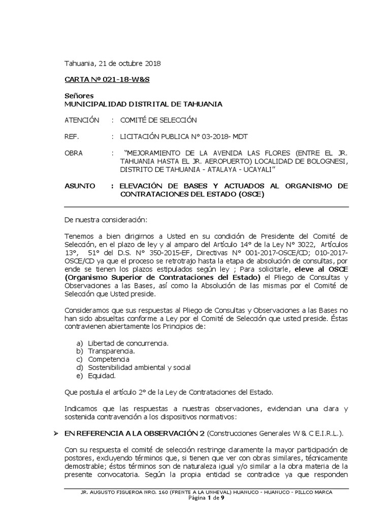 Modelo Carta Elevacion A OSCE | PDF | Presupuesto | Ingeniero civil