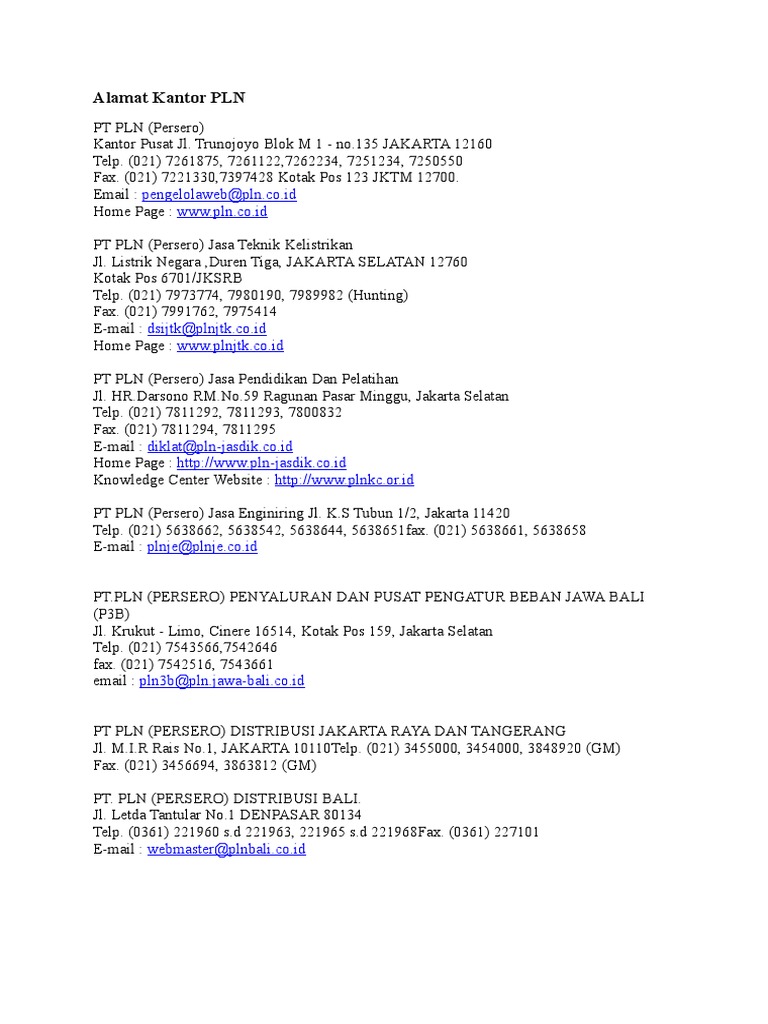 Alamat Kantor PLN | PDF