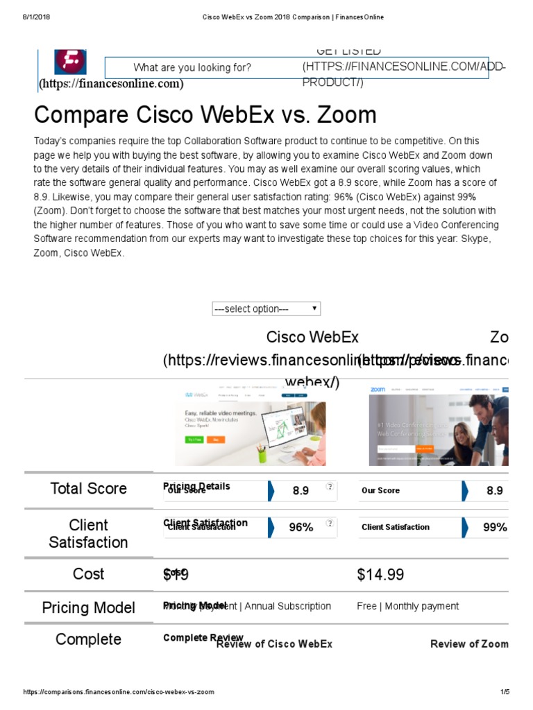 Cisco WebEx Vs Zoom 2018 Comparison - FinancesOnline | PDF | Web ... Cisco WebEx Vs Zoom 2018 Comparison - FinancesOnline | PDF | Web ...