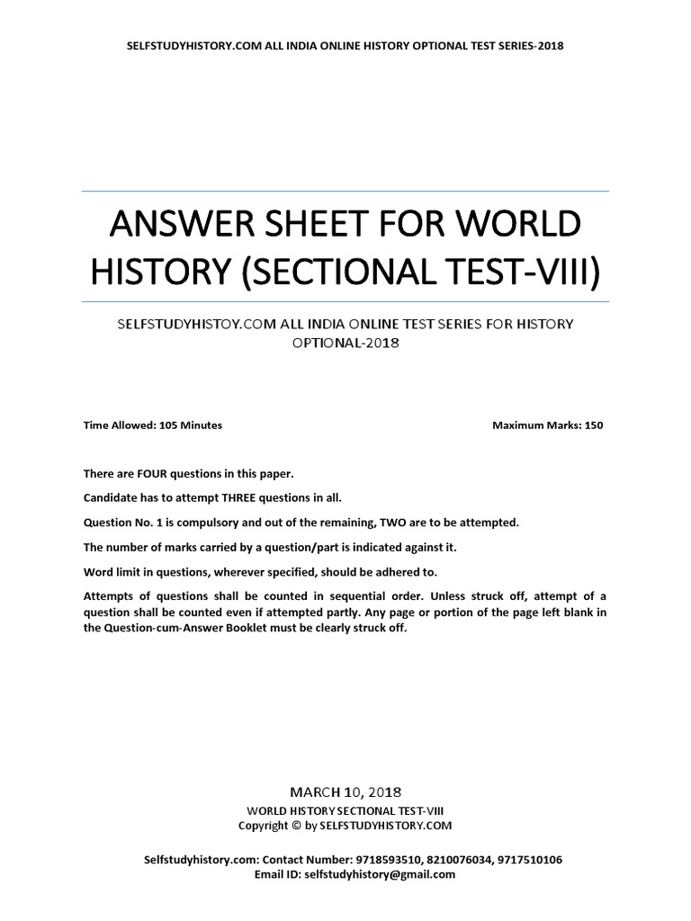 Answer Sheet World History Sectional Test VIII | PDF | International ...