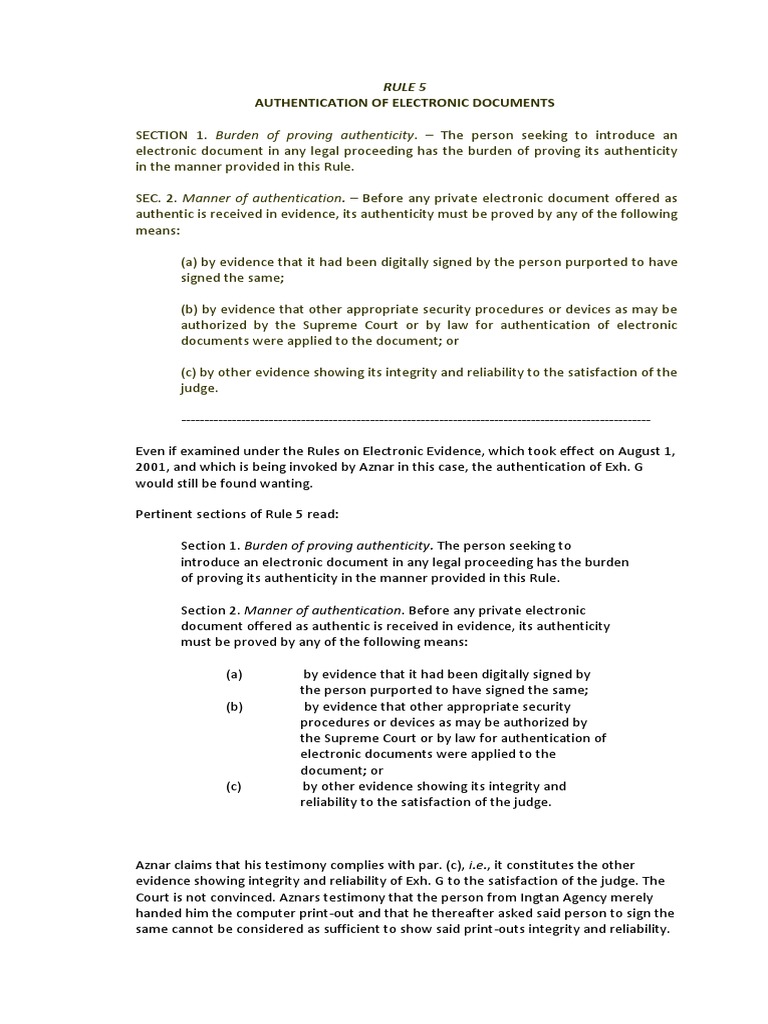 Authentication of Electronic Documents: Rule 5 | PDF | Evidence ...