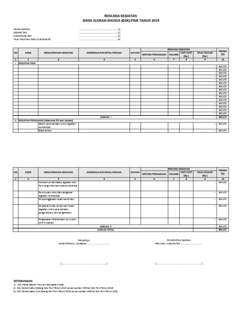 Format RK Dak Fisik Tahun 2019 | PDF