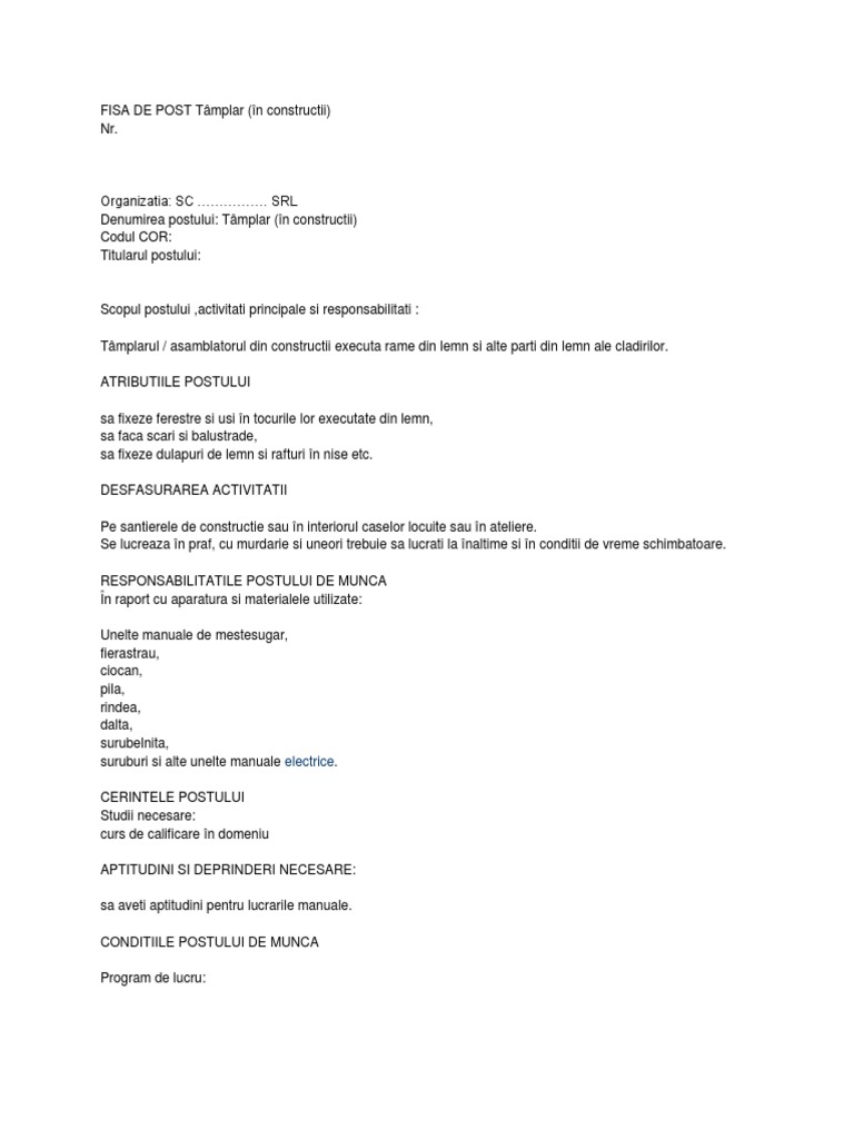 FISA DE POST Tâmplar | PDF