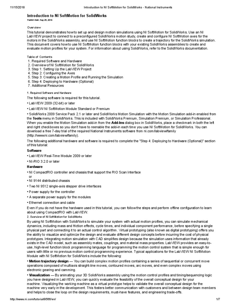 Introduction To NI SoftMotion For SolidWorks - National Instruments | PDF | Machines | Simulation