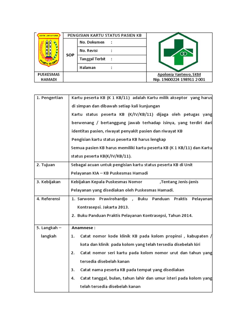 SOP (BLM, Kebijakan) Pengisian Kartu Status KB | PDF