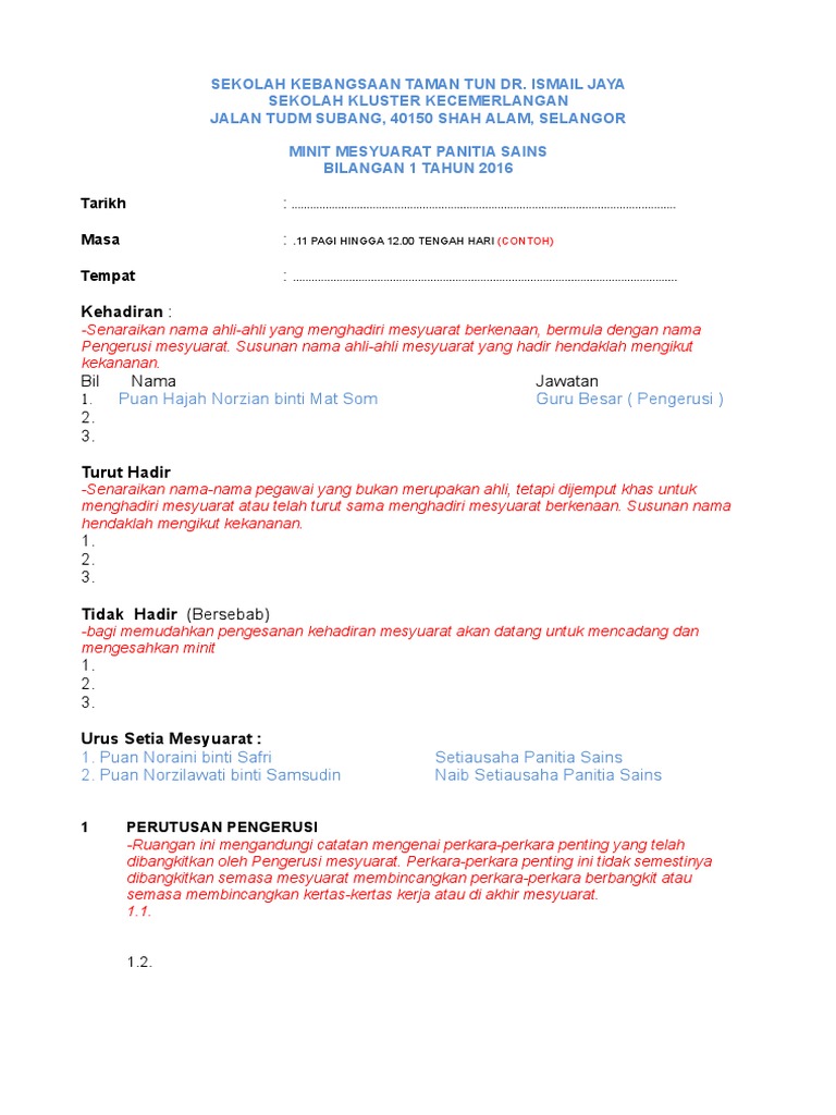 Contoh Format Minit Mesyuarat | PDF