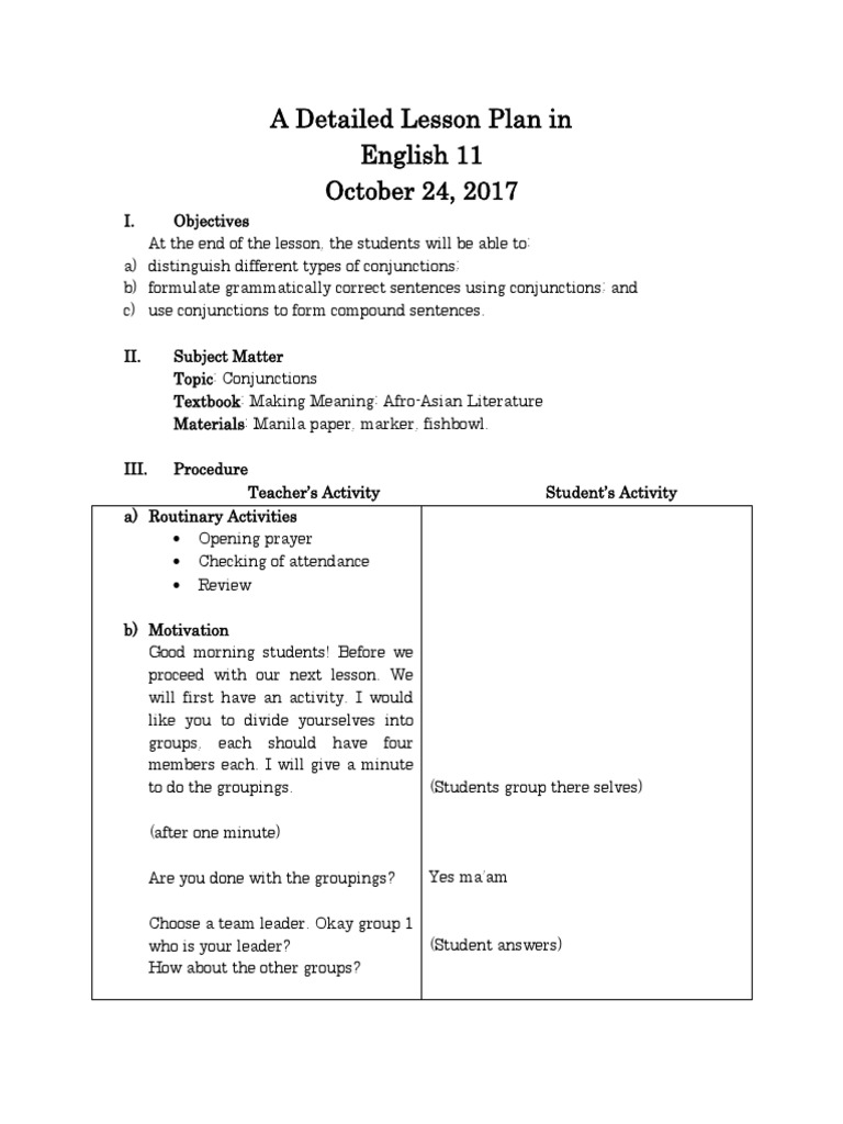 English 11: Conjunctions Lesson Plan | PDF | Question | Subject (Grammar)