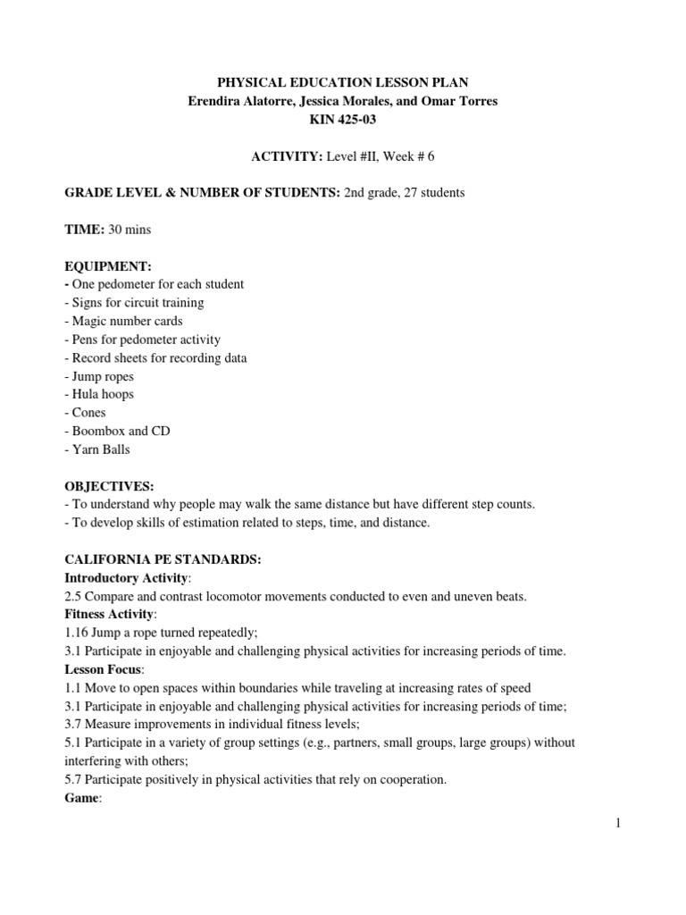 Lesson Plan Kin 425 | PDF | Walking | Physical Education