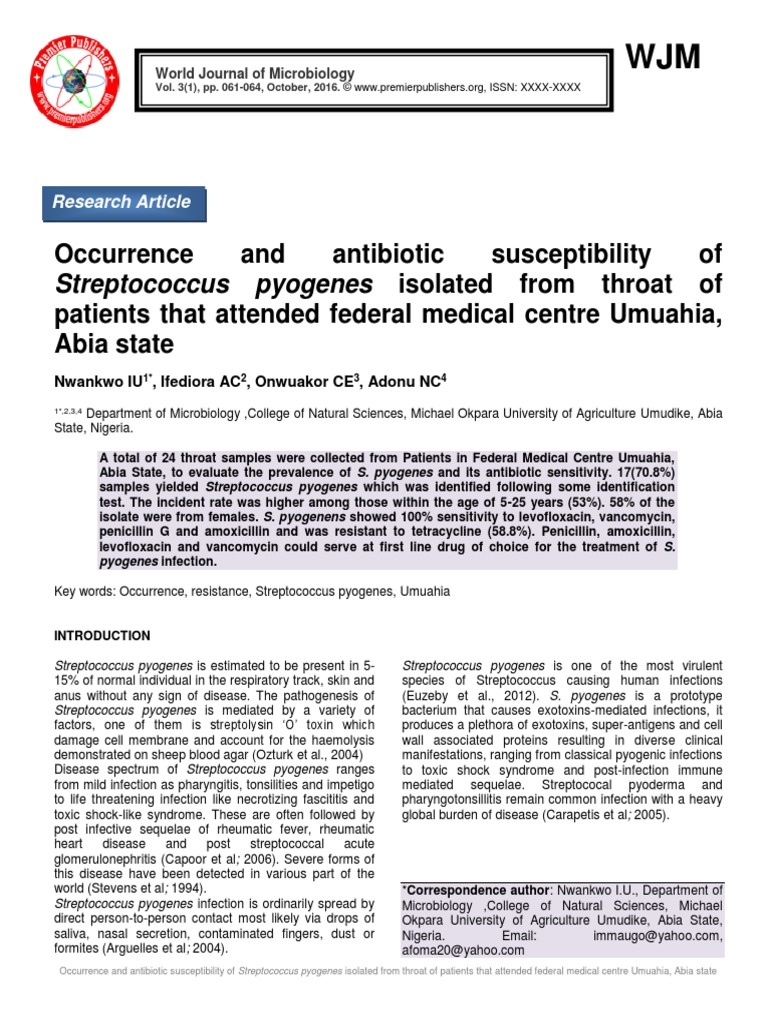 Occurrence and Antibiotic Susceptibility of Patients That Attended ...