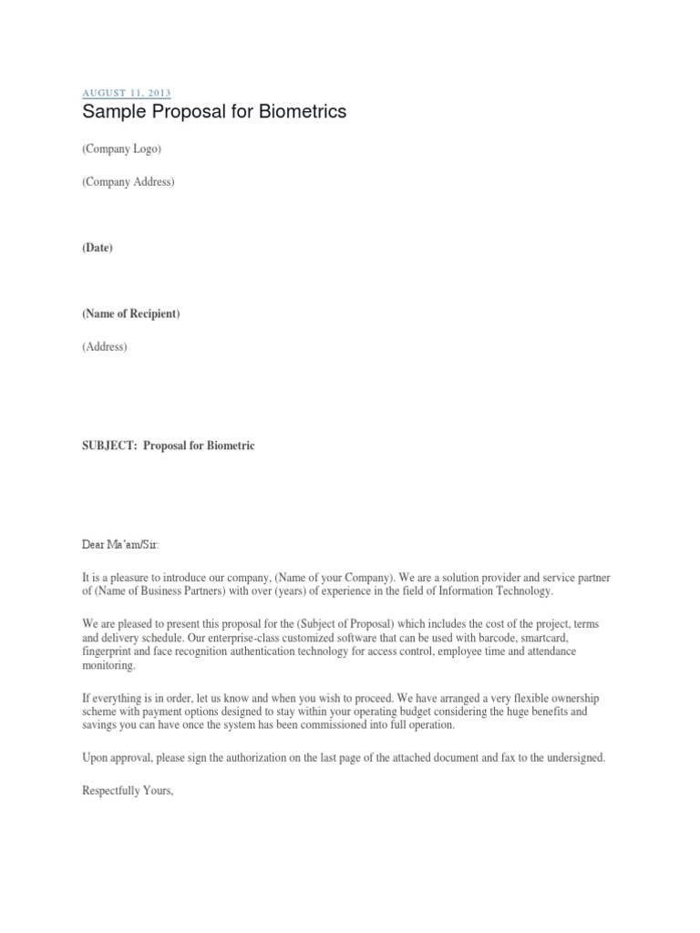 Sample Proposal For Biometrics: (Date) | Download Free PDF | Biometrics ...
