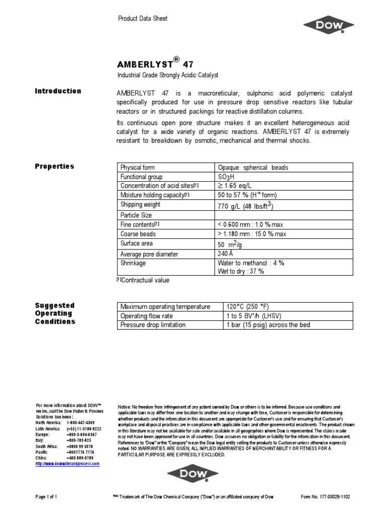 Amberlyst® 47: For More Information About DOW™ Resins, Call The Dow ...