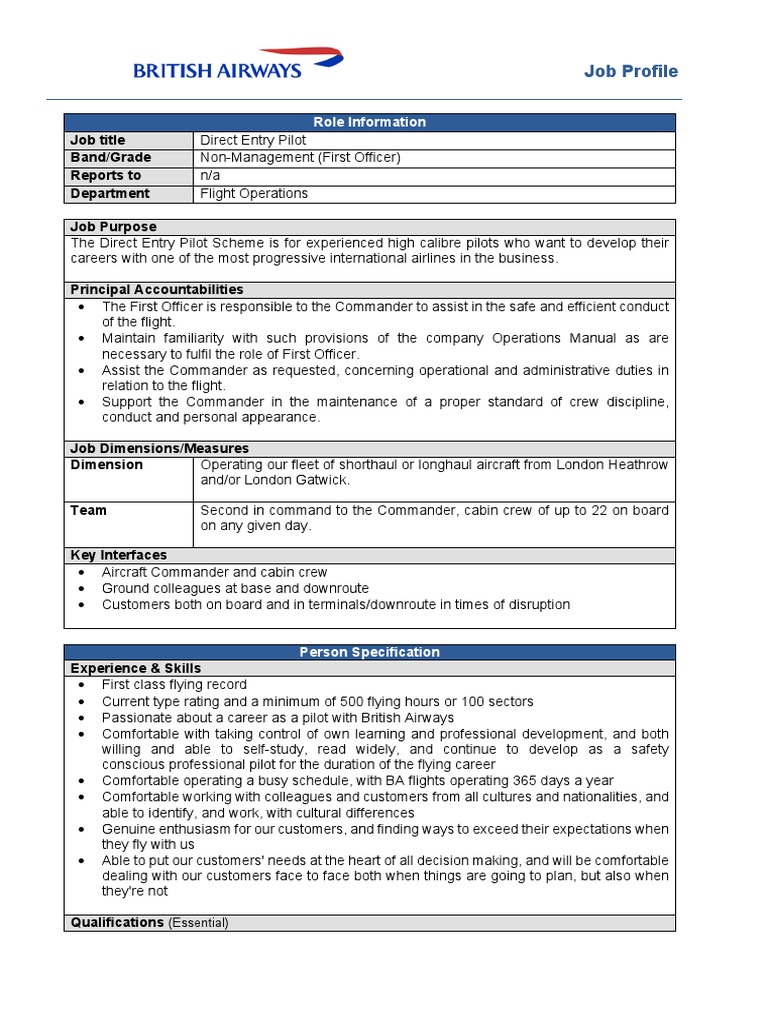 Job Description - Direct Entry Pilot | PDF | Aviation | Aeronautics