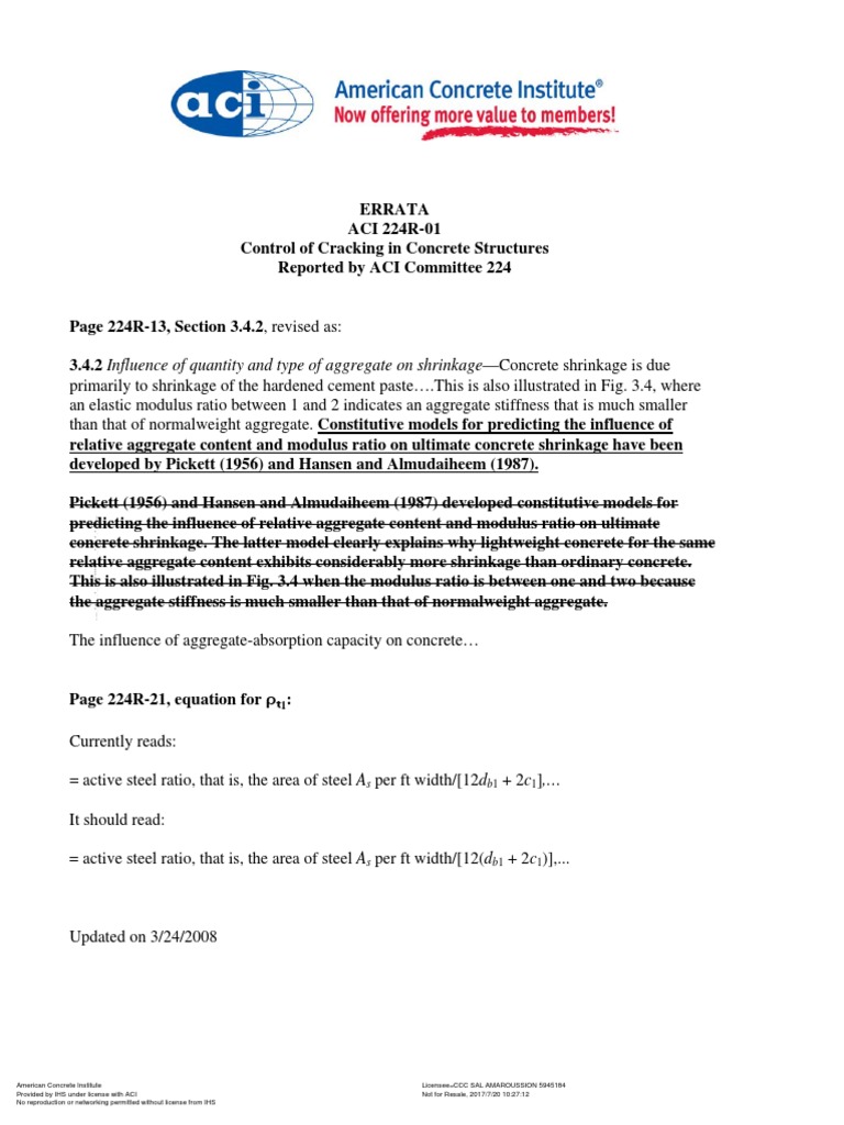 ACI 224R-01 Errata on Cracking Control | PDF | Stiffness | Concrete