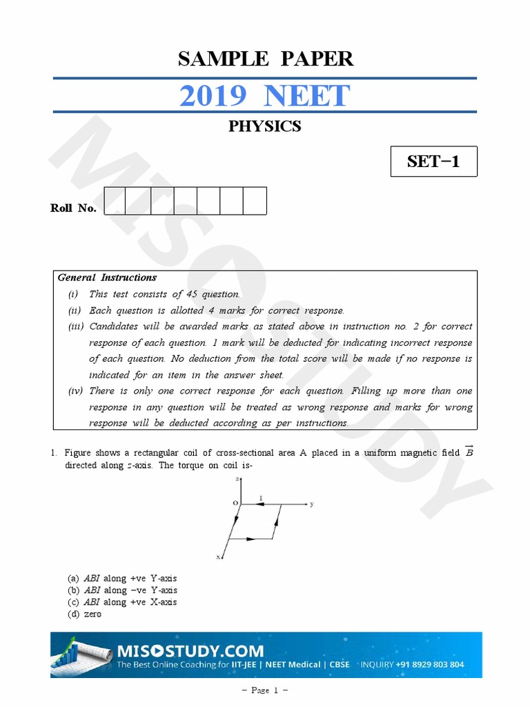 NEET 2019 Physics Sample Question Paper | PDF | Rotation Around A Fixed ...