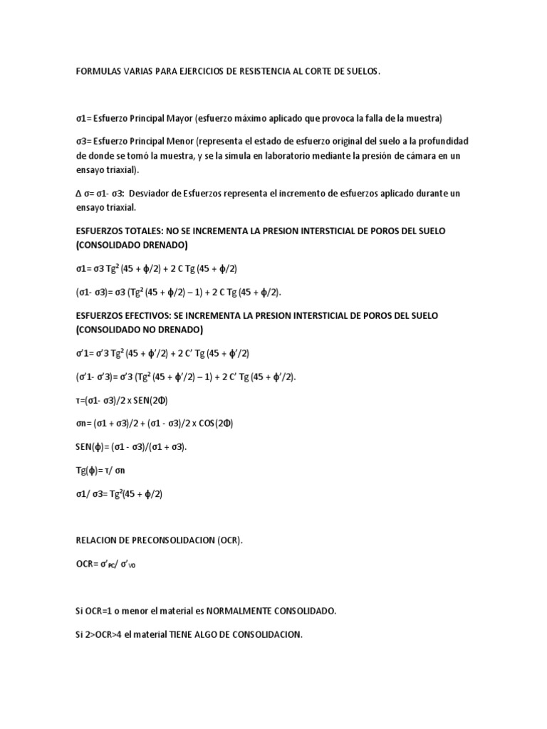 Formulas Varias para Ejercicios de Resistencia Al Corte de Suelos | PDF