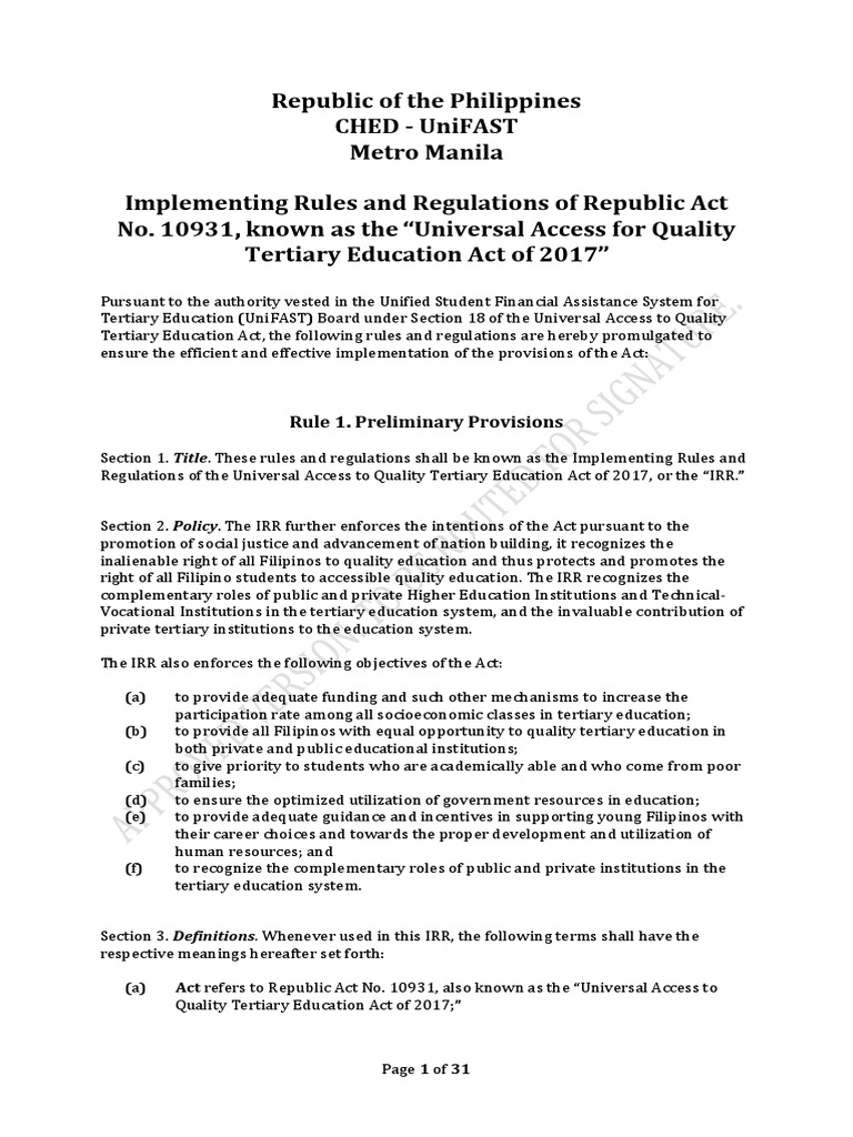 IRR of RA No. 10931 Nov232017 Advance Copy of Approved IRR | Vocational ...