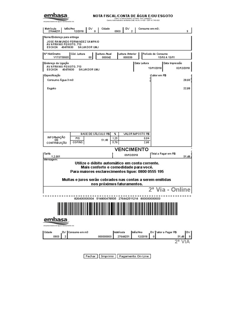 Conta de Água Embasa - 2ª Via e Pagamento | PDF | Pagamentos | Bancos