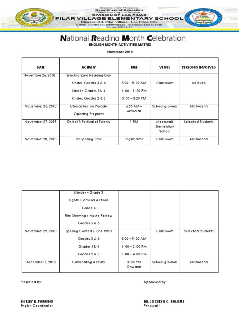 English Month Activities Matrix | PDF