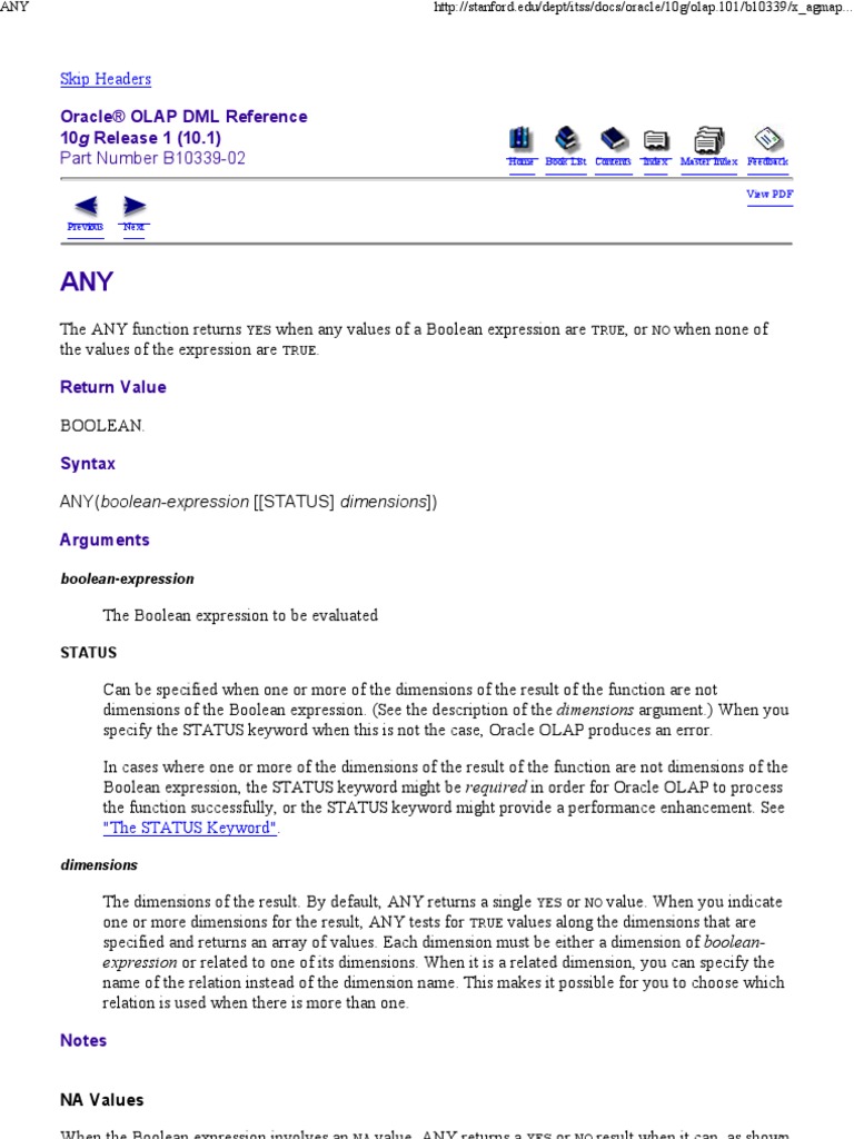 Oracle® OLAP DML Reference 10g Release 1 (10.1) Part Number B10339-02 | PDF | Boolean Data Type ...