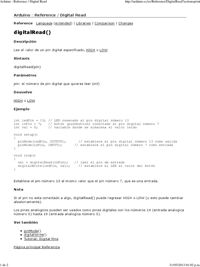 Arduino - Reference - Digital Read | Descargar gratis PDF | Programación de computadoras ...