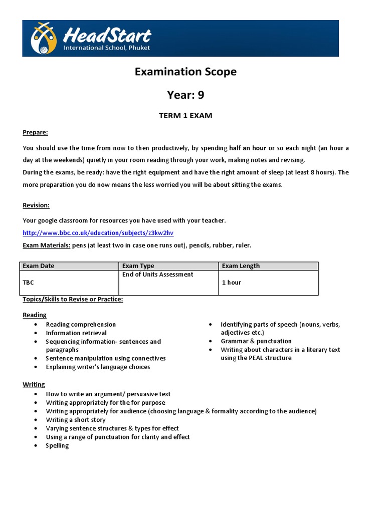 Year 9 English End of Term 1 Scope Sheet Updated Nov 2017 | PDF ...