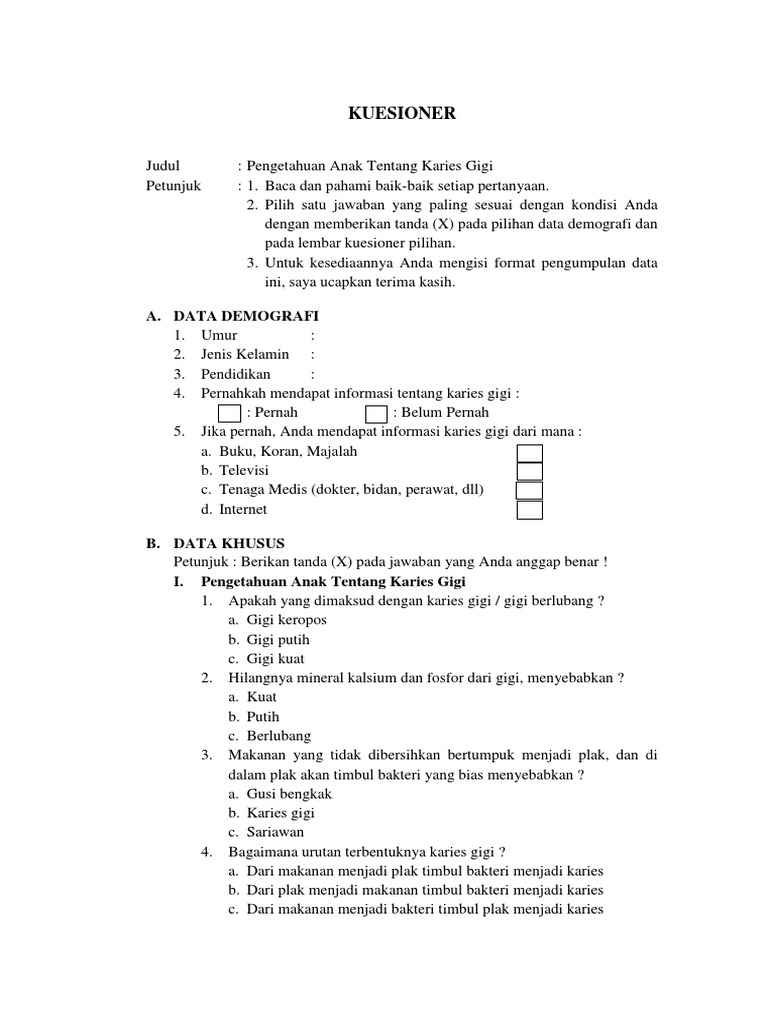 KUESIONER Pengetahuan Anak Tentang Karies Gigi | PDF