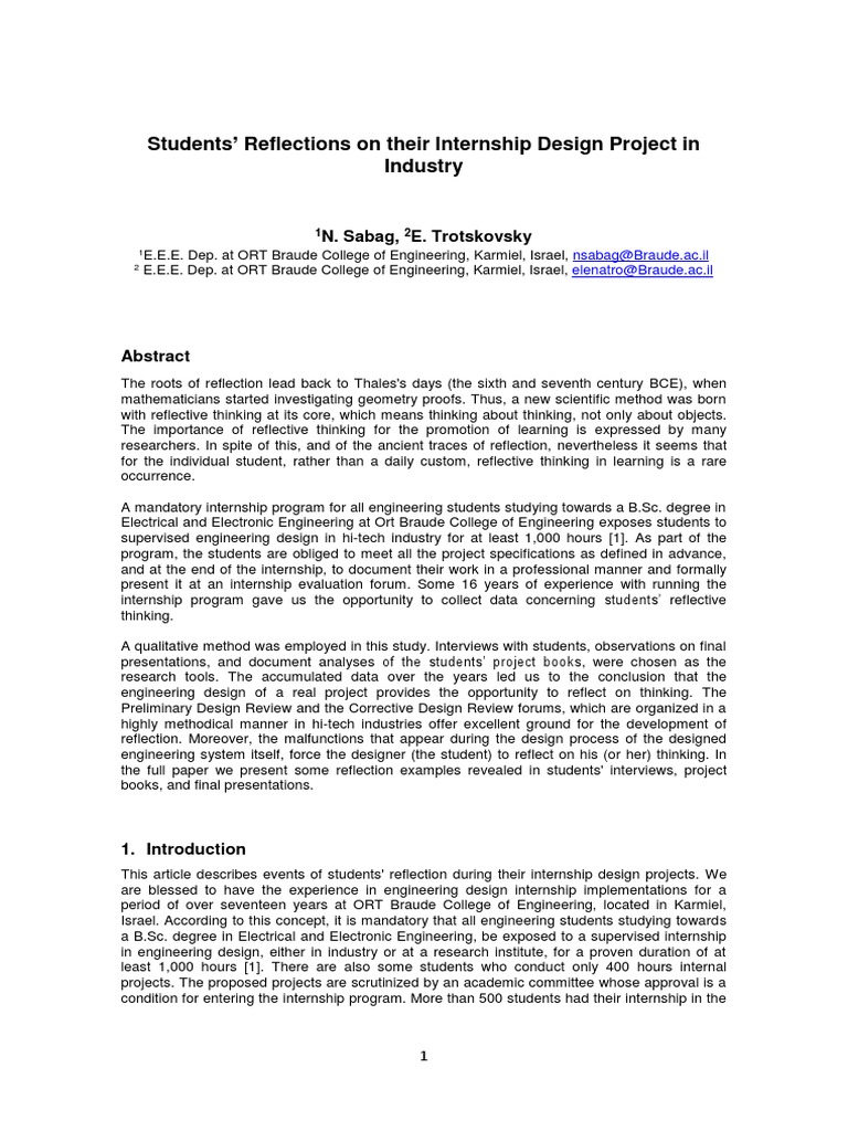 Students ' Reflections On Their Internship Design Project in Industry ...