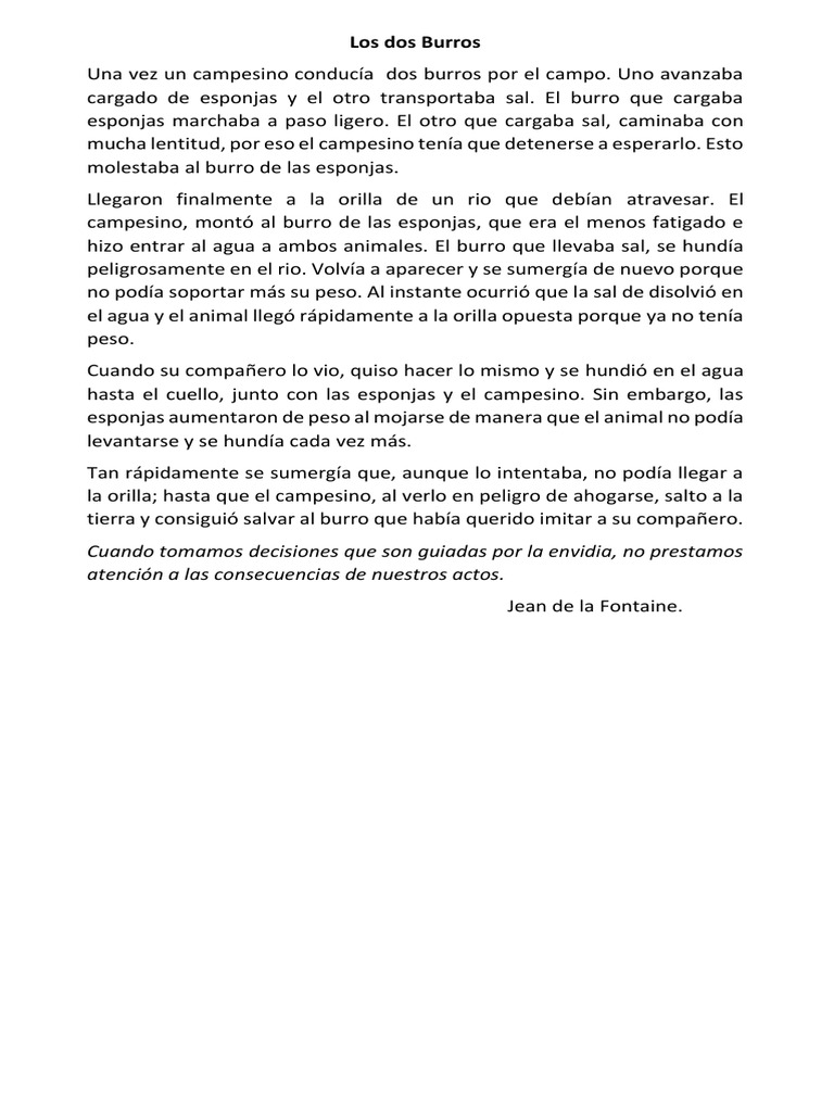 Fábula de los Dos Burros: Moraleja | PDF
