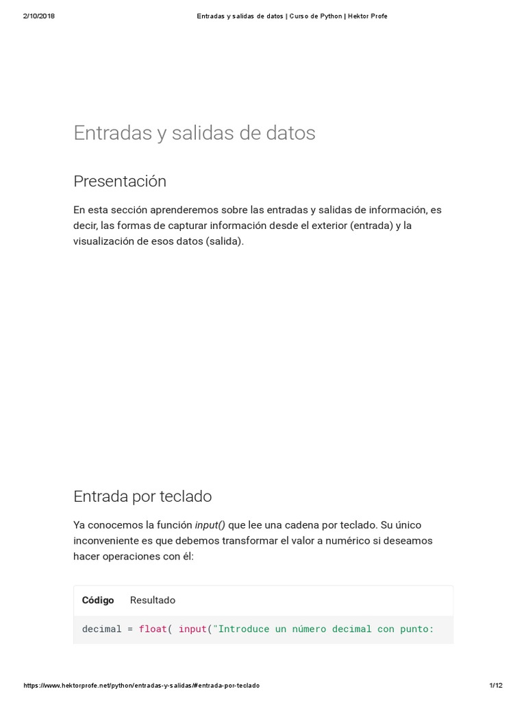 Entradas y Salidas de Datos - Curso de Python - Hektor Profe | PDF | Python (lenguaje de ...