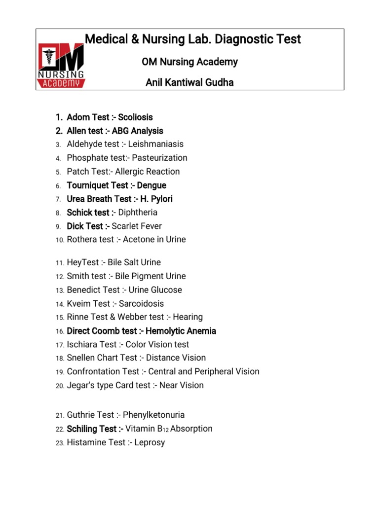 List of Medical Nursing Lab Diagnostic Test | PDF