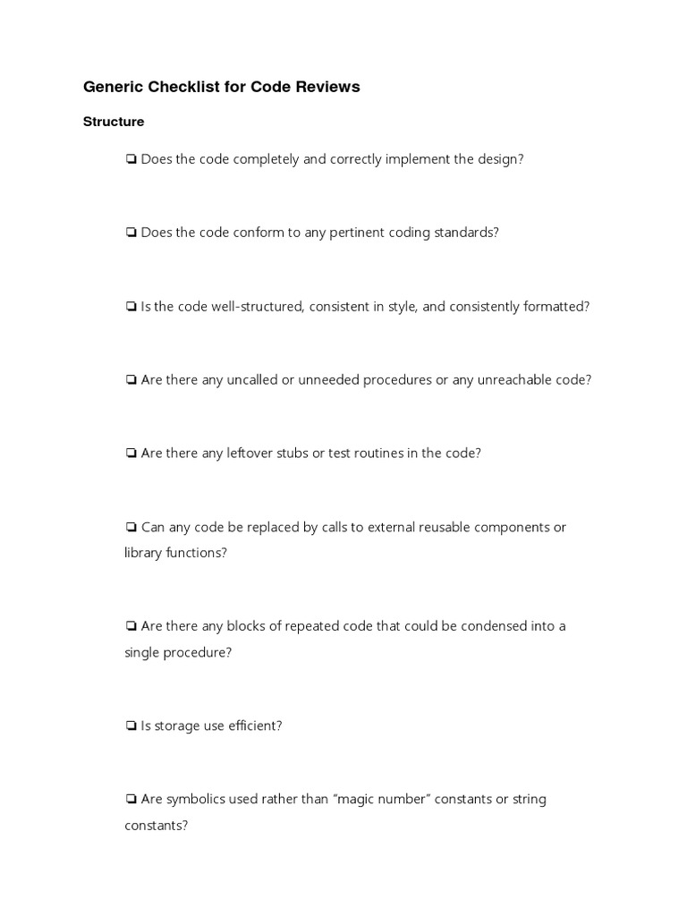Generic Checklist For Code Reviews | PDF | Control Flow | Variable ...