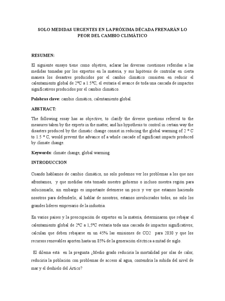 Ensayo Sobre El Cambio Climatico | PDF | Calentamiento global | Cambio ...
