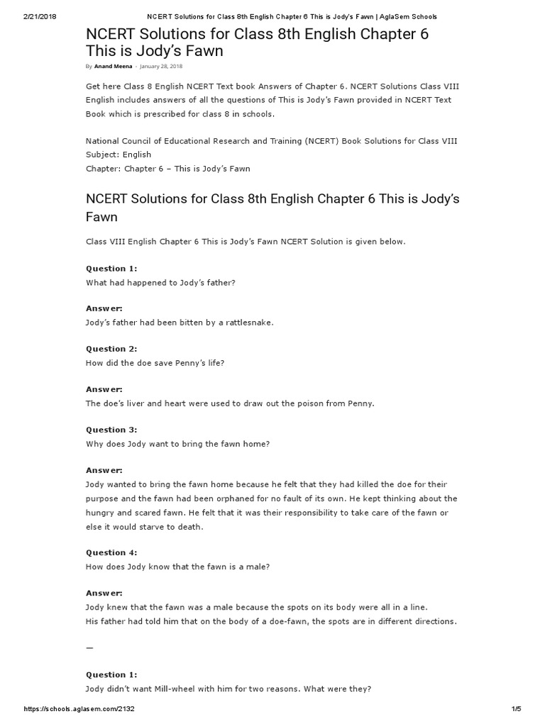 NCERT Solutions For Class 8th English Chapter 6 This Is Jody's Fawn | PDF