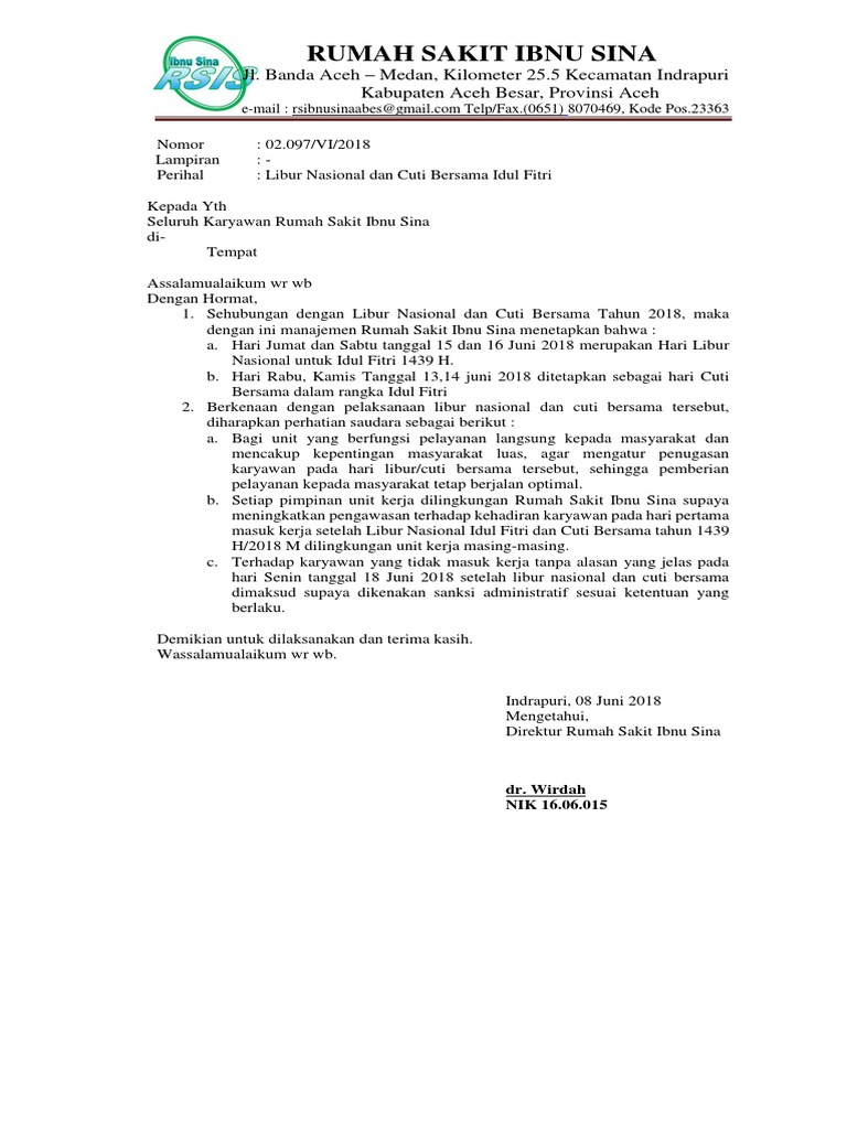 Surat Pemberitahuan Libur | PDF