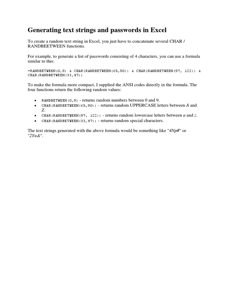 Generating Text Strings and Passwords in Excel | PDF