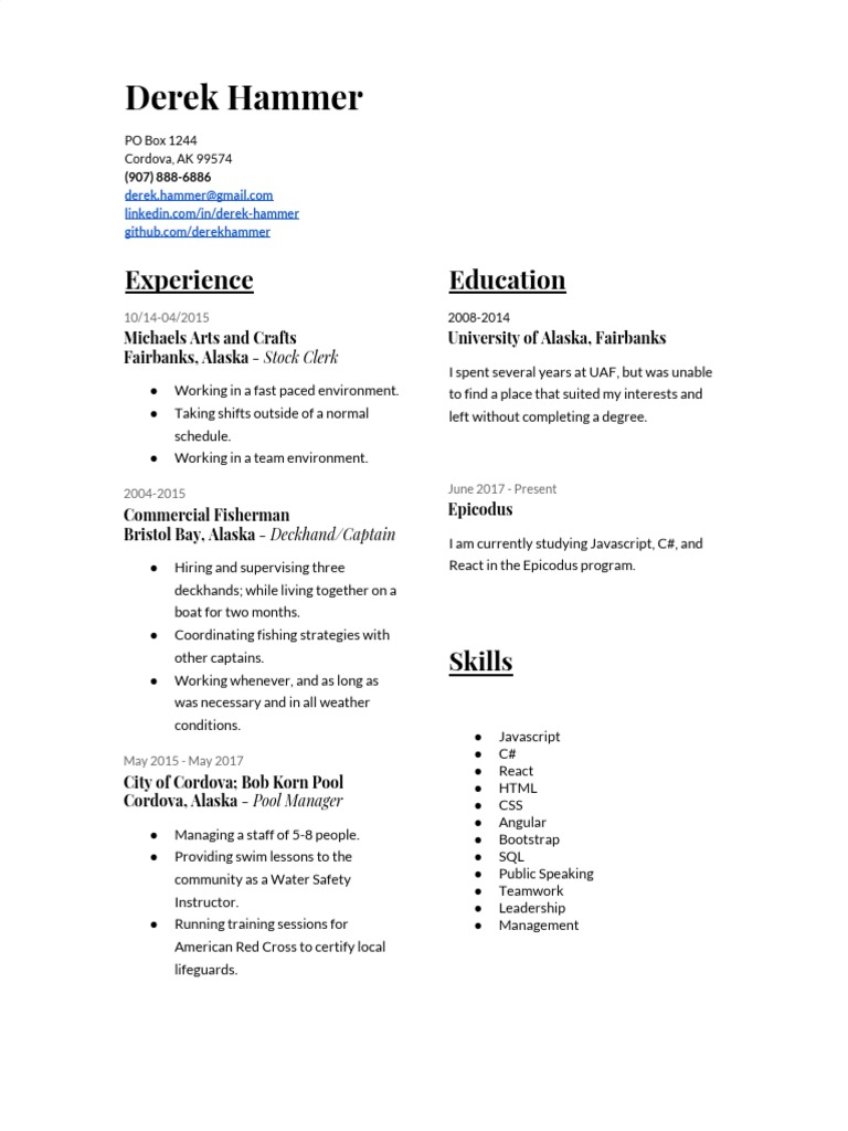 Derek Hammer: Experience Education | PDF