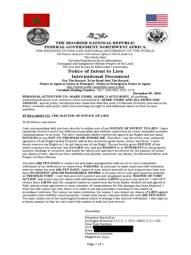 Mark Fiore Notice of Intent To Lien | PDF | Lien | Trespass