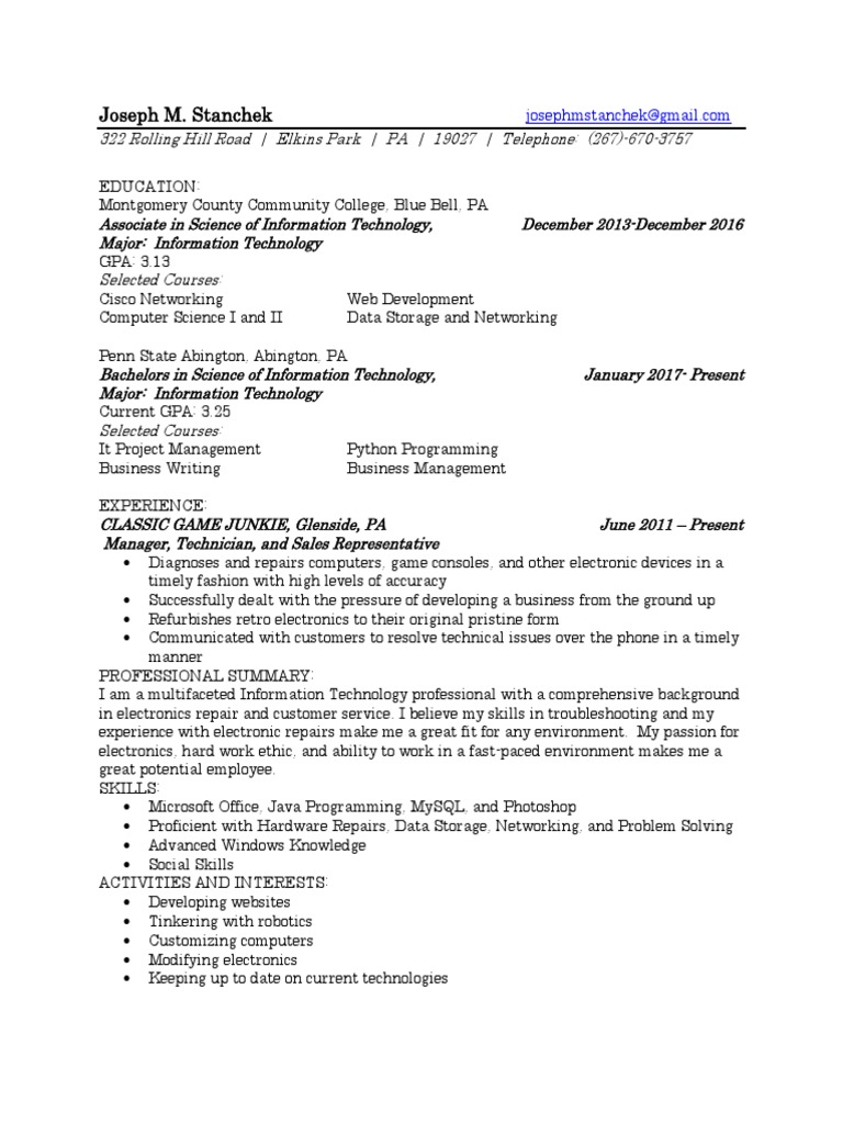 Resume For Joseph Stanchek Revised | PDF