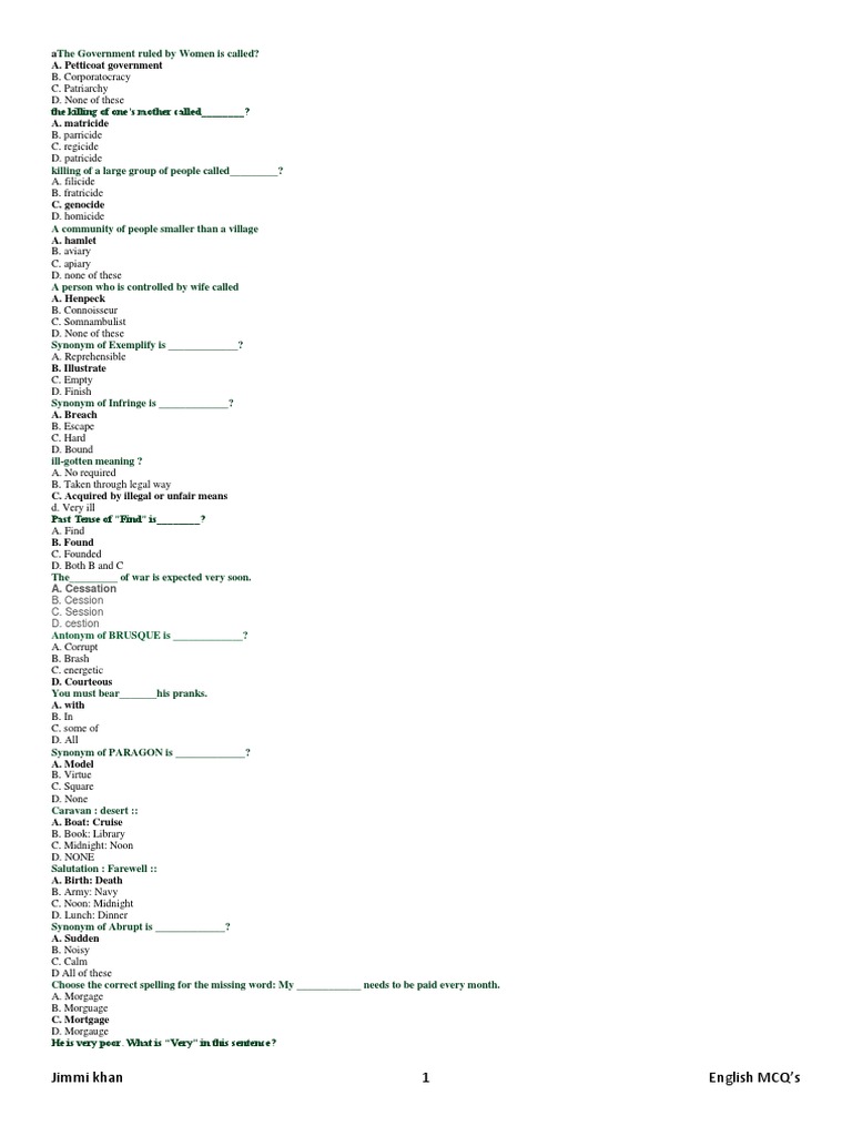 English MCQs for Vocabulary Practice | PDF | Part Of Speech | Adverb