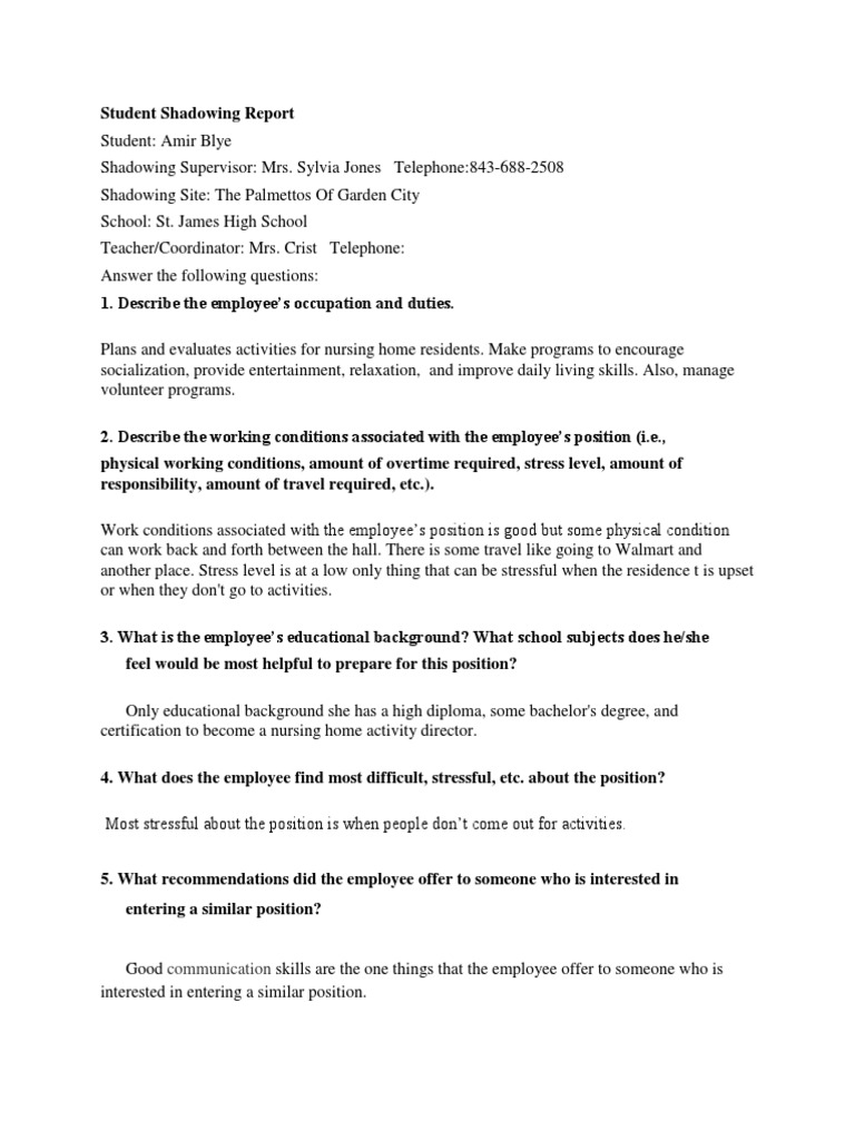 Student Job Shadowing Report: Amir Blye | PDF | Employment | Nursing