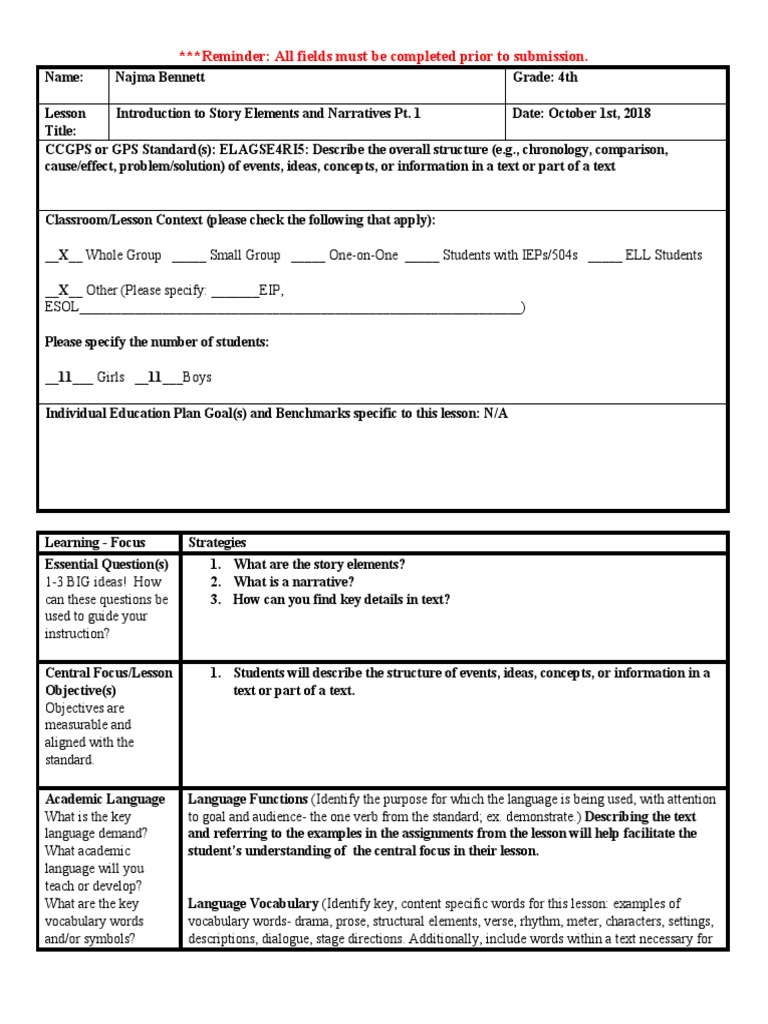Copy Of Fall 2018 Ela Edtpa Lesson Plan 1 Educational Assessment 