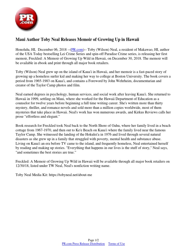 Hawaiian Memoir: Freckled Released | PDF | Press Release | Hawaii