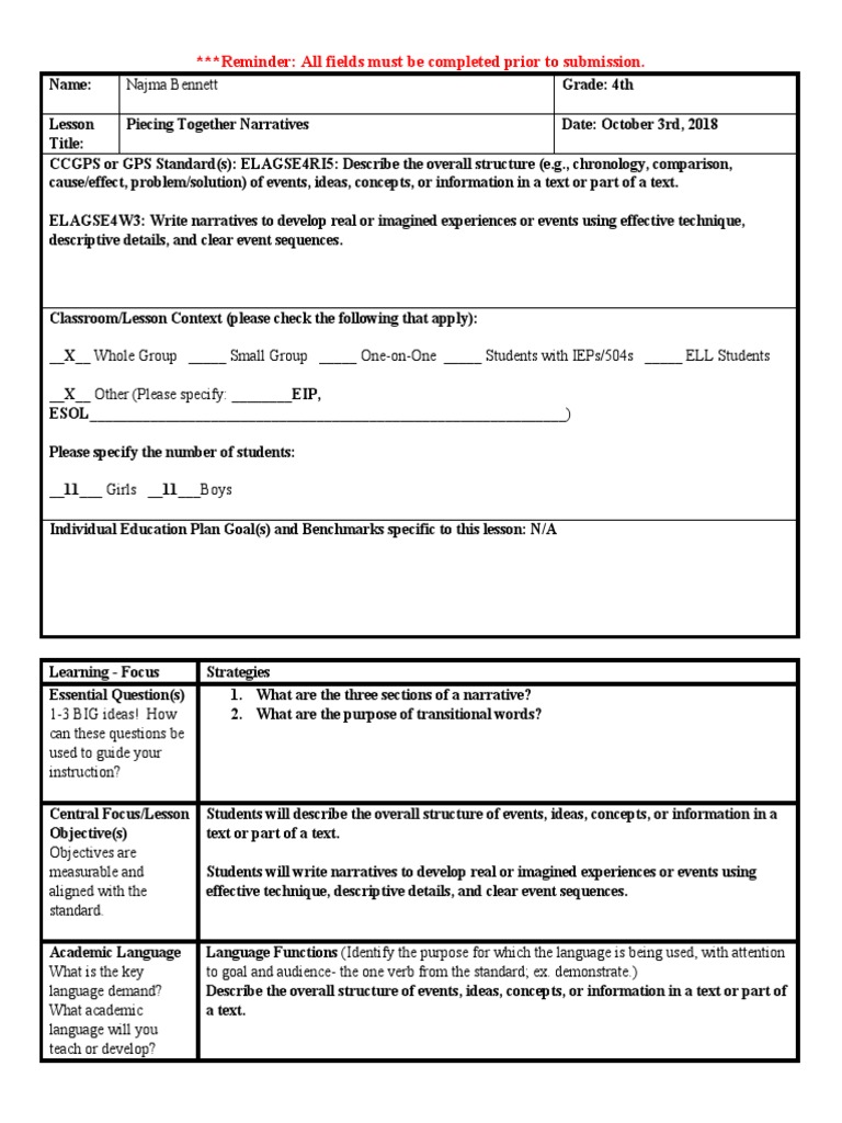Fall 2018 Edtpa Lesson Plan 3 | PDF | Educational Assessment | Narrative