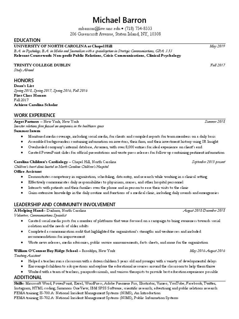 Resume | PDF | University Of North Carolina At Chapel Hill | Hospital