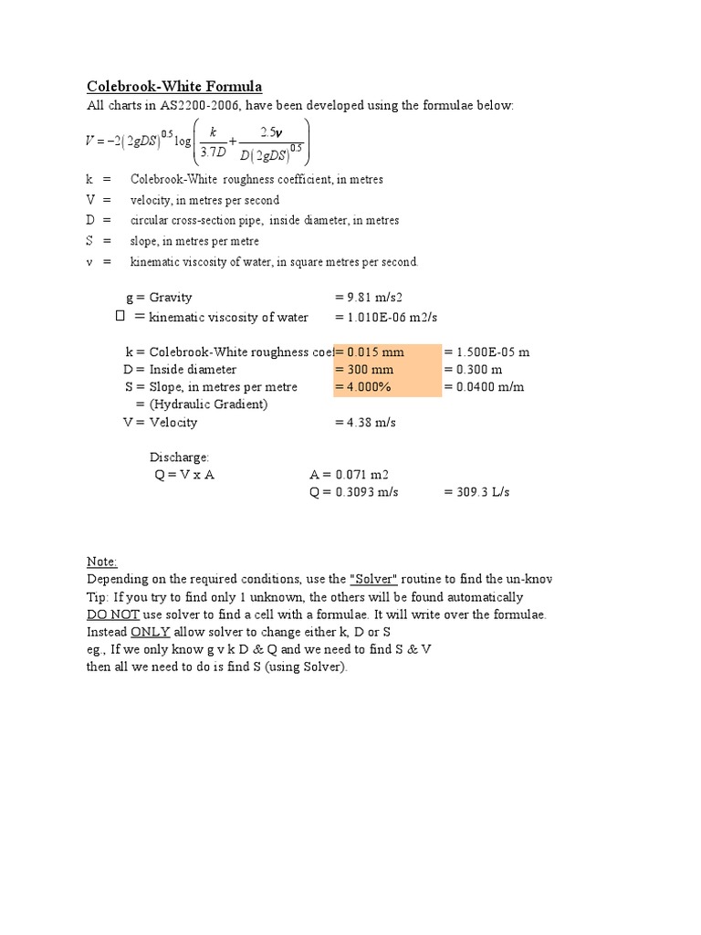 Determining Pipe Flow Velocity Using the Colebrook-White Formula | PDF