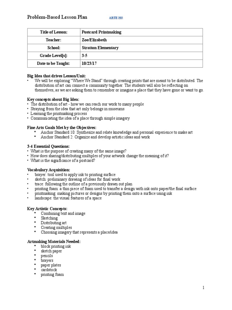 Printmaking Poscards Lesson Plan | PDF | Printmaking | Lesson Plan