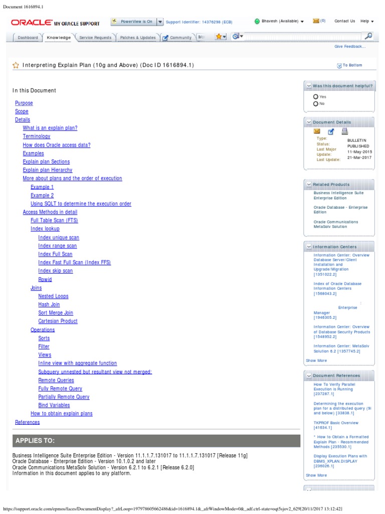 Explain Plan Document 1616894.1 | PDF | Database Index | Oracle Database